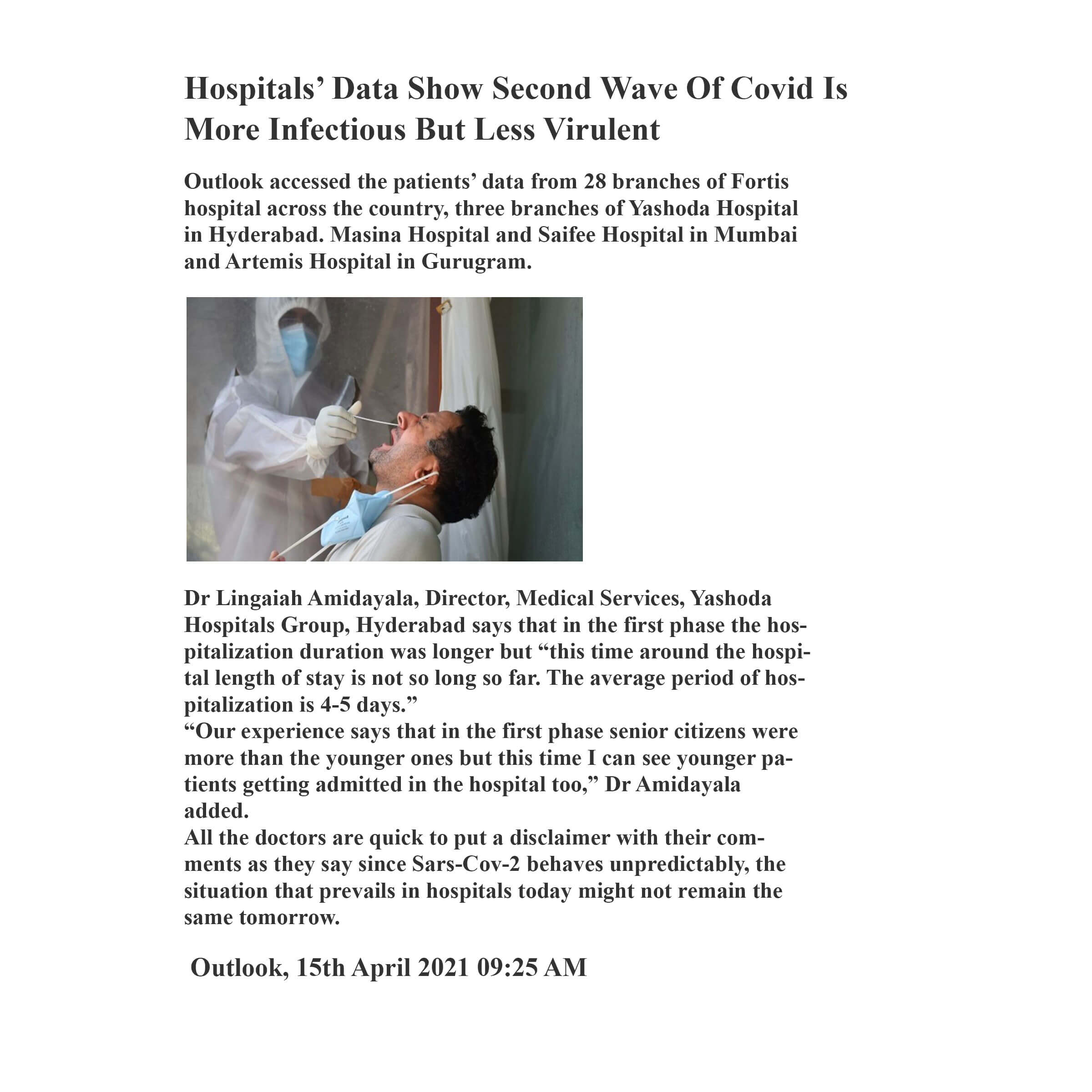 Second wave of Covid is more Infectious - Dr. Lingaiah A - Yashoda ...